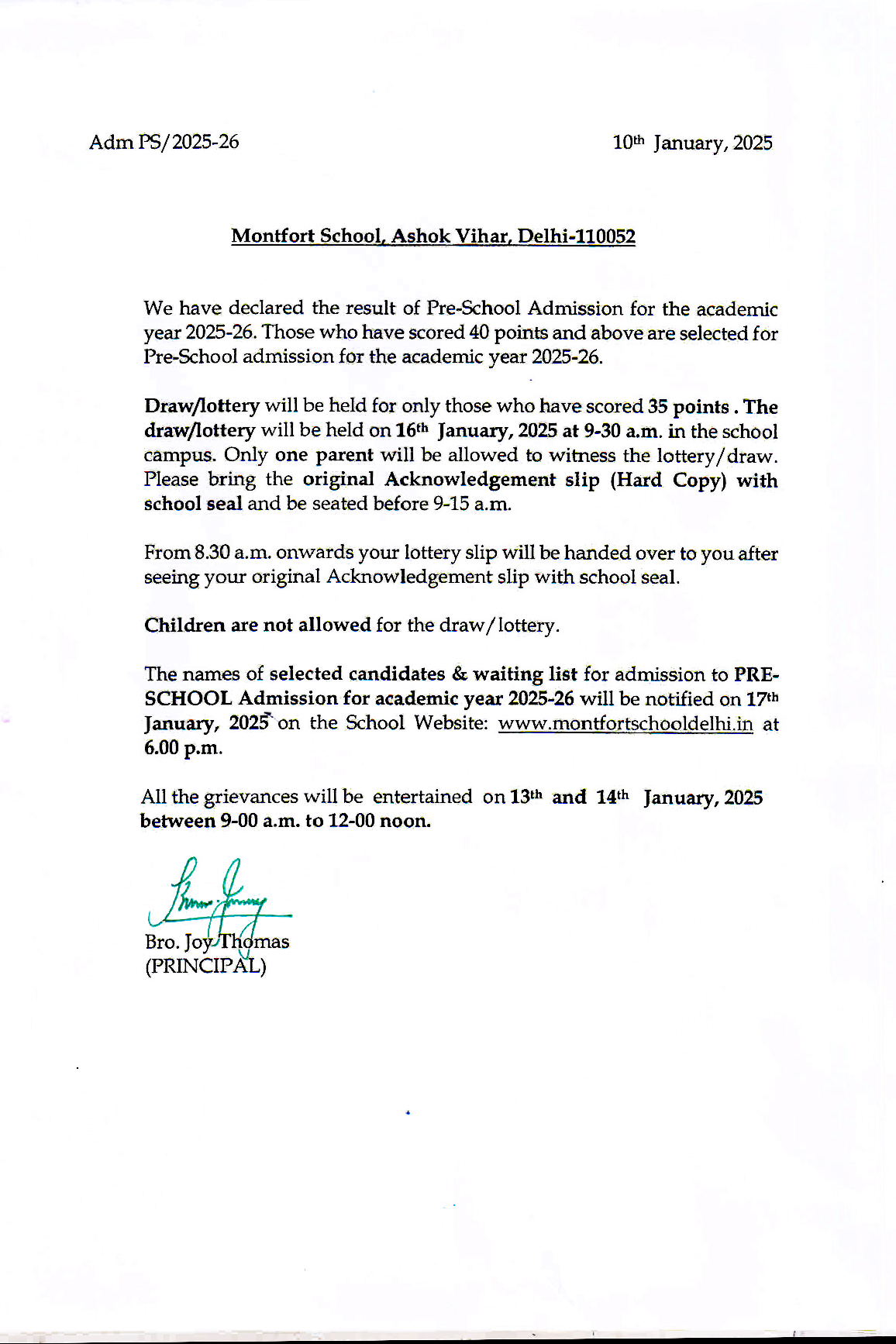 Marks of students registered for Pre-School Admission 2025-26